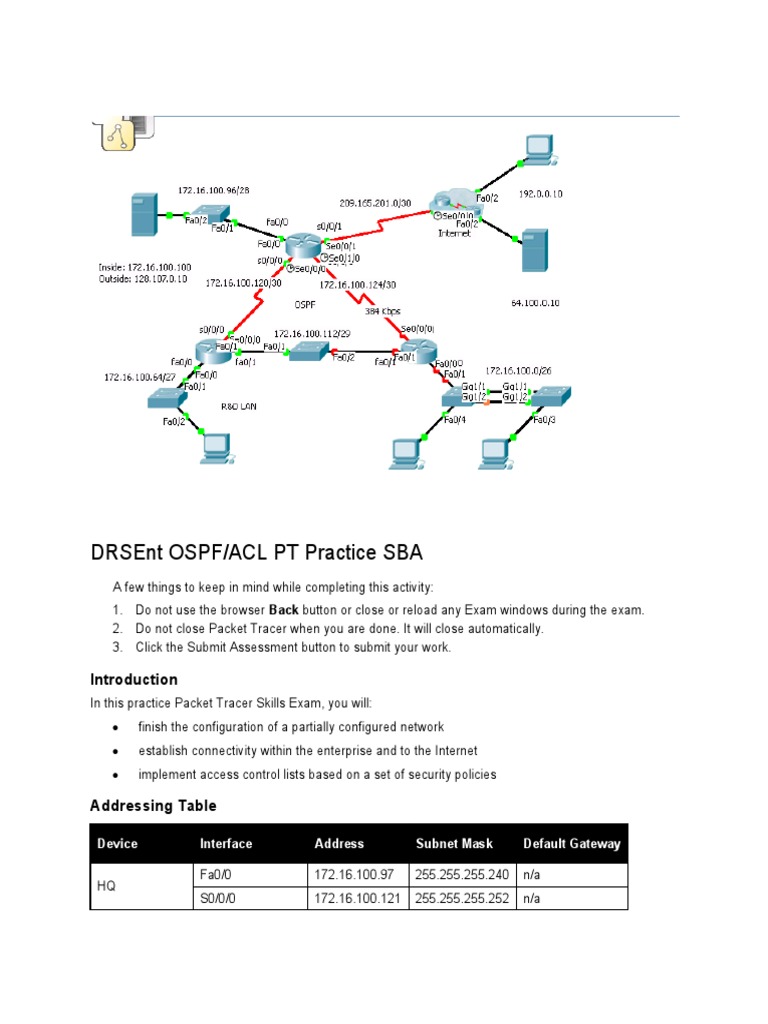 Drsent Ospf/Acl PT Practice Sba: Device Interface Address Subnet Mask Default Gateway | PDF ...