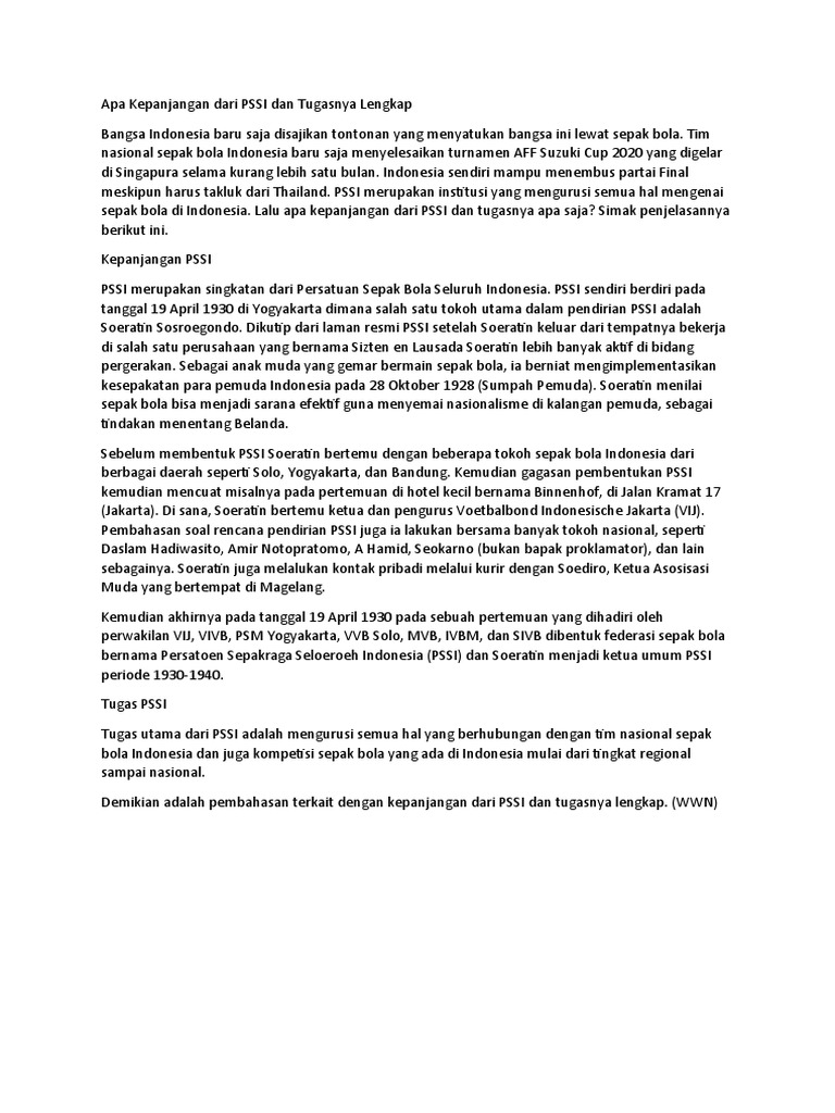 Apa Kepanjangan Dari PSSI Dan Tugasnya Lengkap | PDF