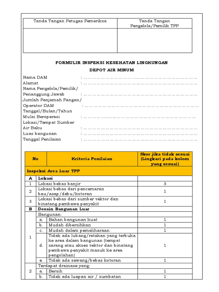Formulir Inspeksi Depot Air Minum | PDF