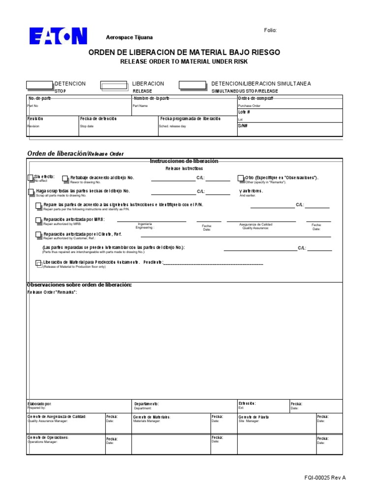 FQI-00025 Orden de Liberacion de Material Bajo Riesgo Rev A | PDF