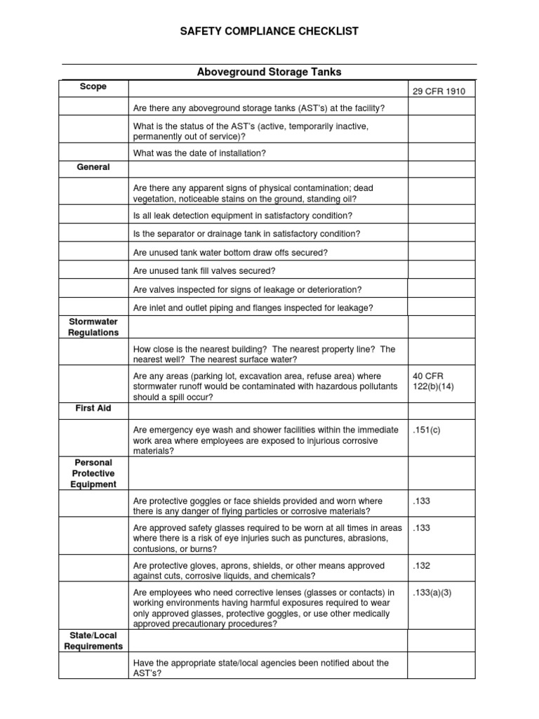 Safety Compliance Checklist: Scope | PDF | Leak | Occupational Safety ...
