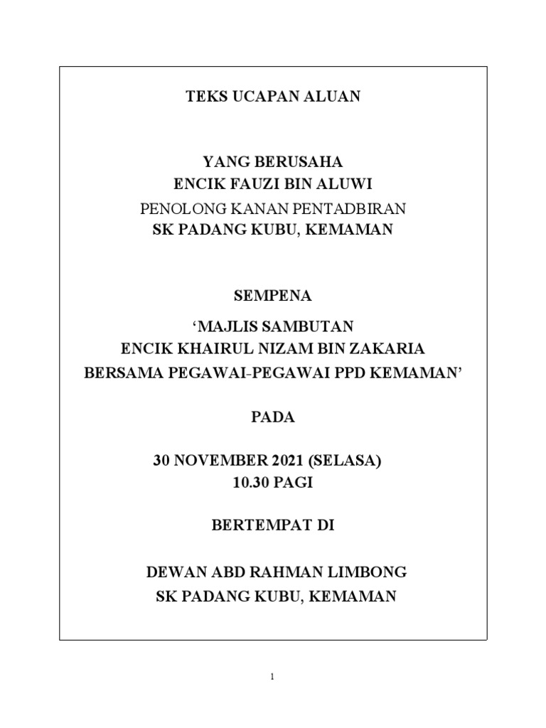 Teks - Ucapan - Aluan - GPK 1 | PDF