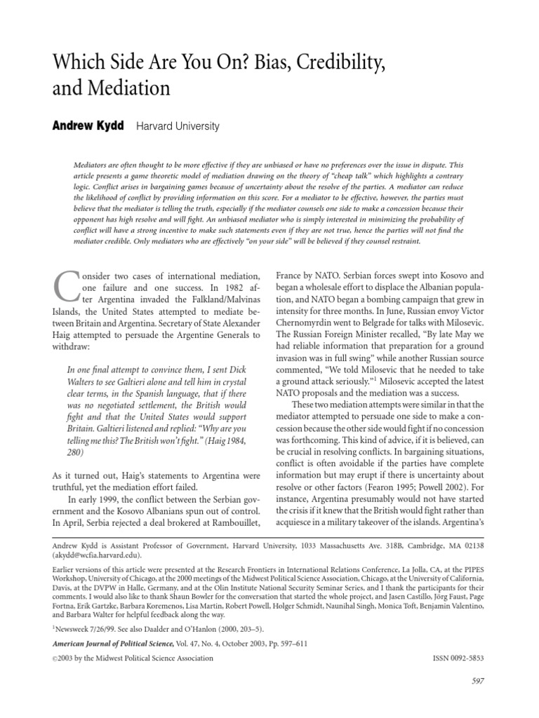 Which Side Are You On? Bias, Credibility, and Mediation: Andrew Kydd ...