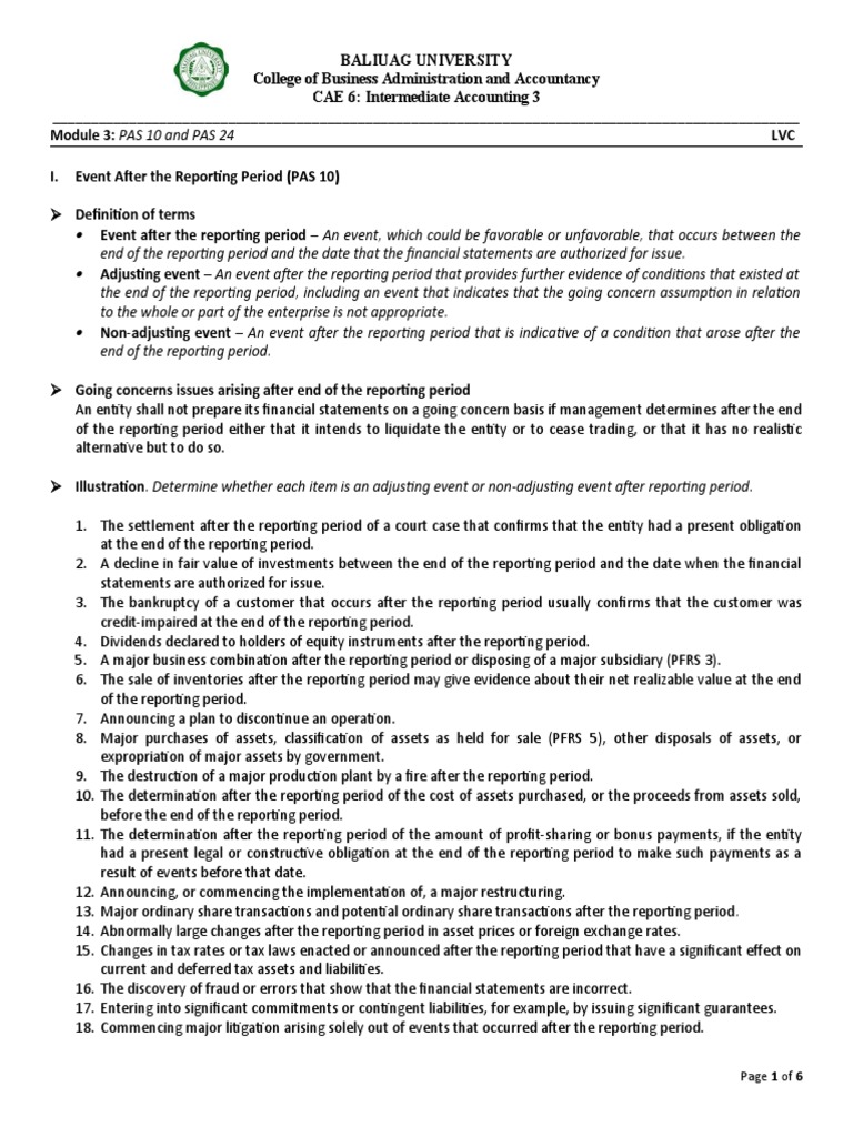 Module 3 - PAS10 and PAS24 | PDF | Going Concern | Financial Statement