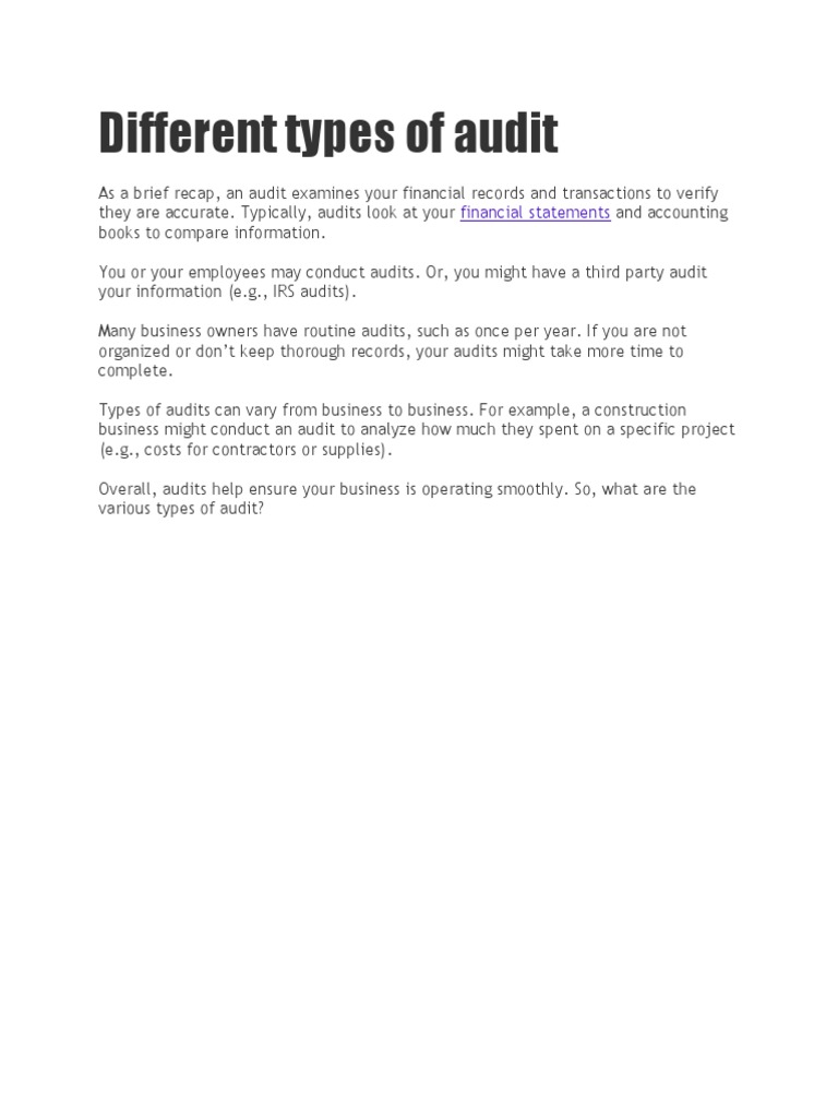 Different Types of Audit | Download Free PDF | Audit | Financial Audit