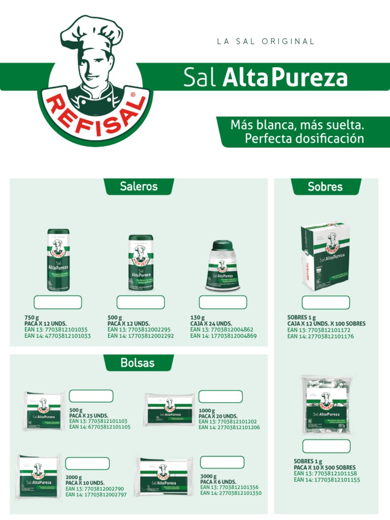 Sal Refisal: Alta Pureza y Variedades | PDF | Alimentos | Cocina occidental