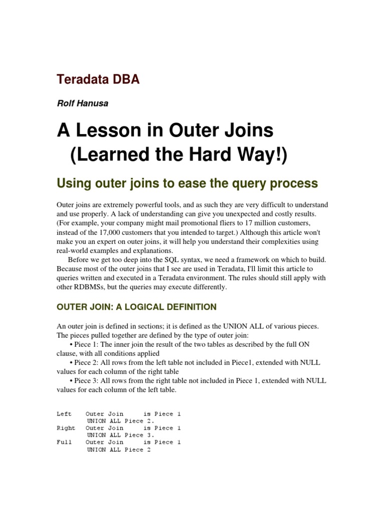 A Lesson in Outer Joins | PDF | Sql | Data Management
