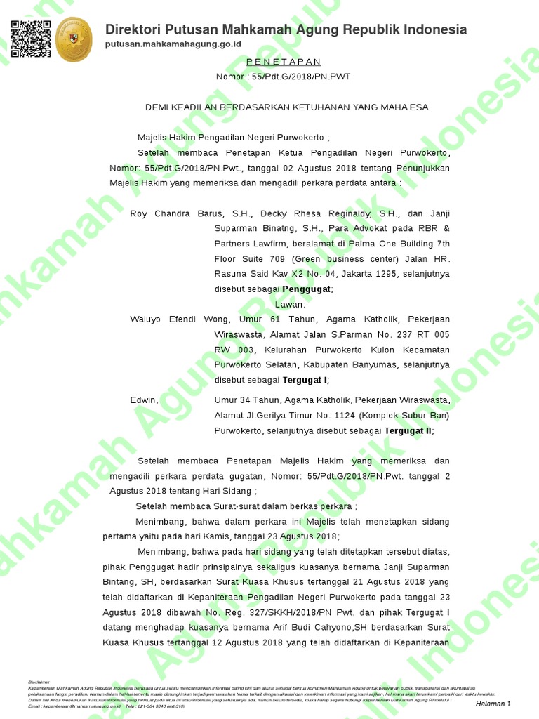 Putusan 55 PDT.G 2018 PN PWT 20211223 | PDF