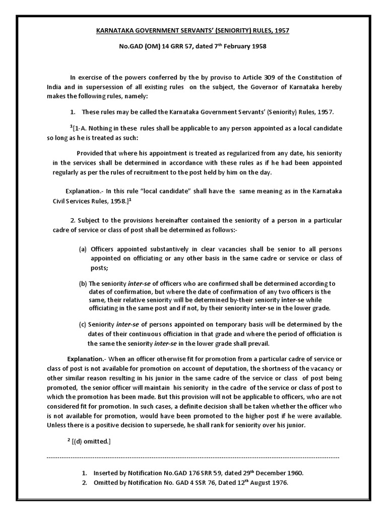 KARNATAKA GOVERNMENT SERVANTS’ SENIORITY RULES | PDF | Common Law ...