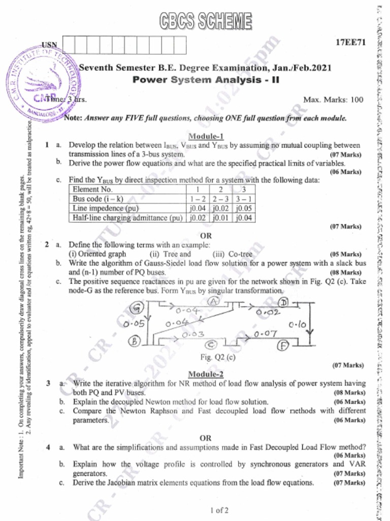 VTU Question Paper of 17EE71 Power System Analysis-II Jan-2021 | PDF VTU Question Paper of 17EE71 Power System Analysis-II Jan-2021 | PDF