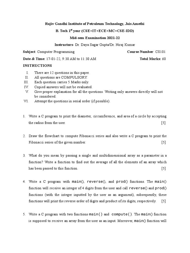 Computer Programming Mid Semester Question Paper | PDF | Array Data Structure | Control Flow