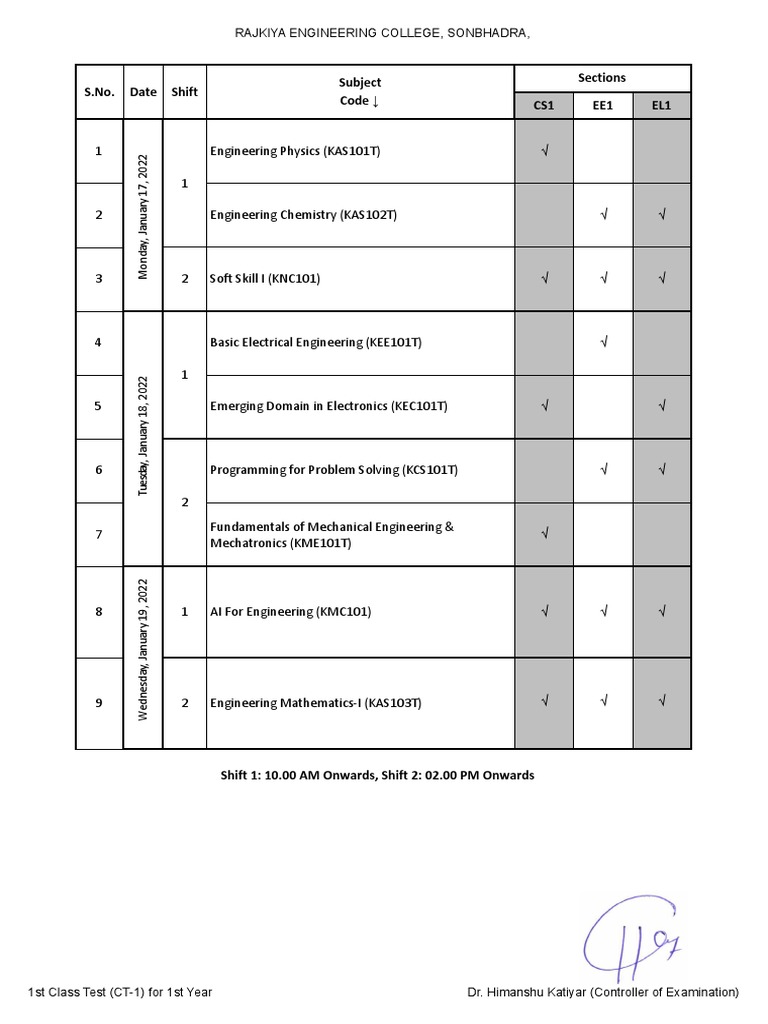 CT-1 Schedule for 1st Year Students | PDF | Teaching Methods ...