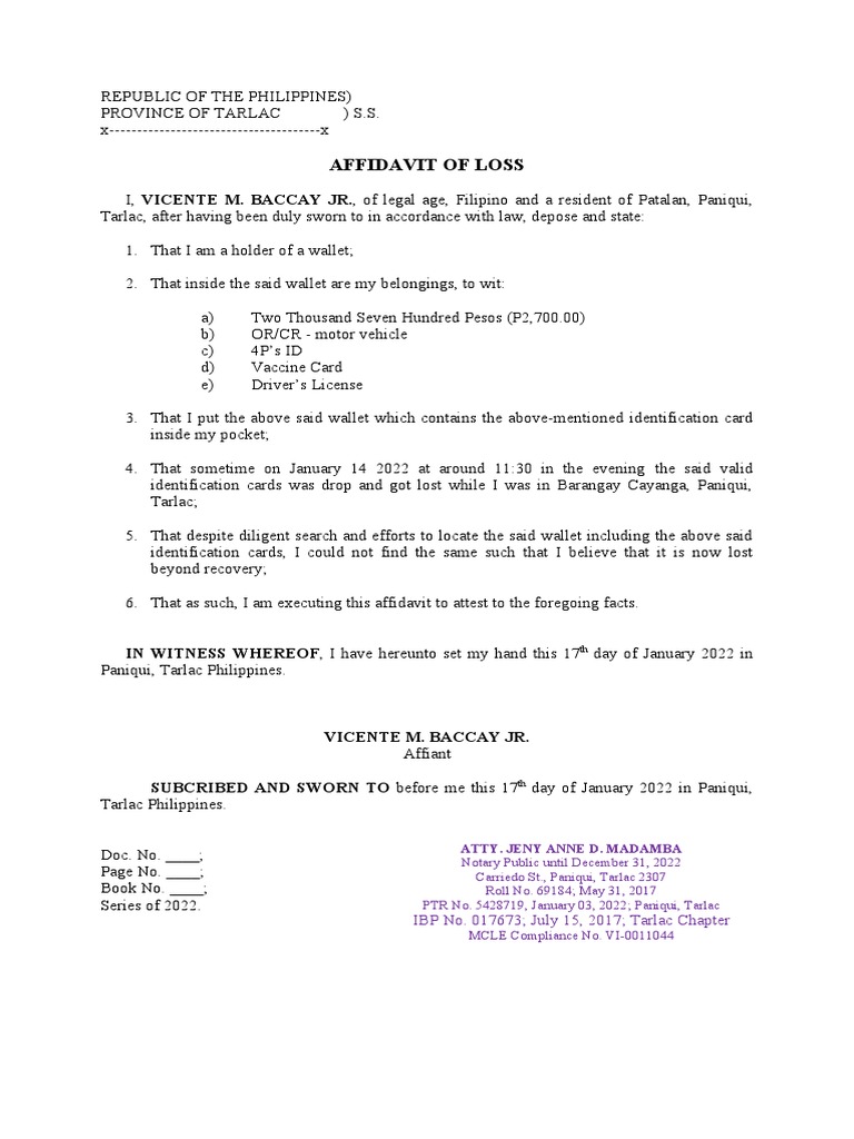 Affidavits of lost IDs | PDF | Affidavit | Identity Document