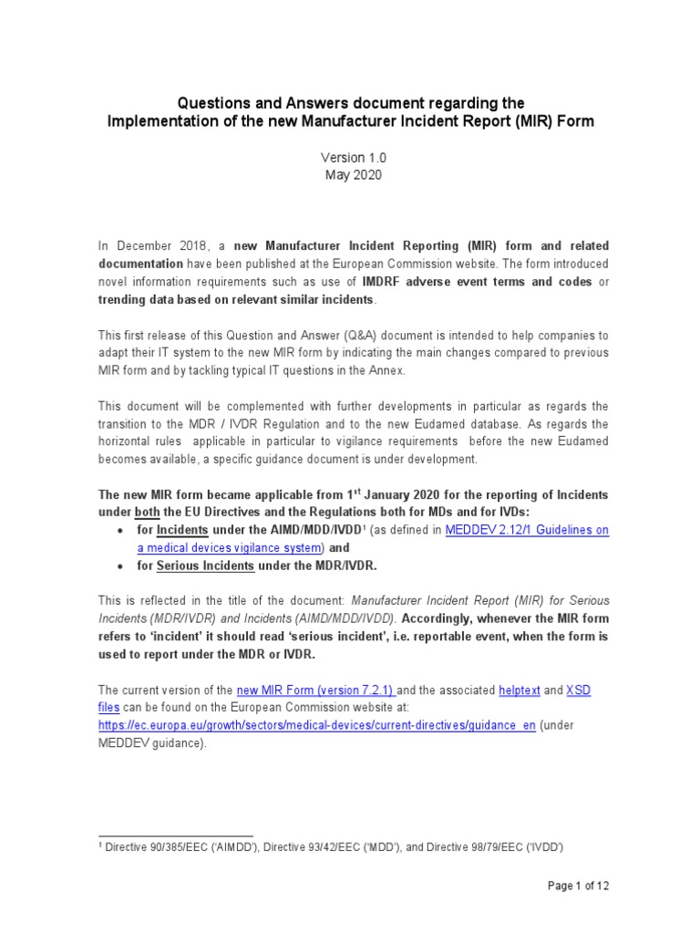 New MIR Form Q&A for EU Compliance | PDF | Medical Device | Xml
