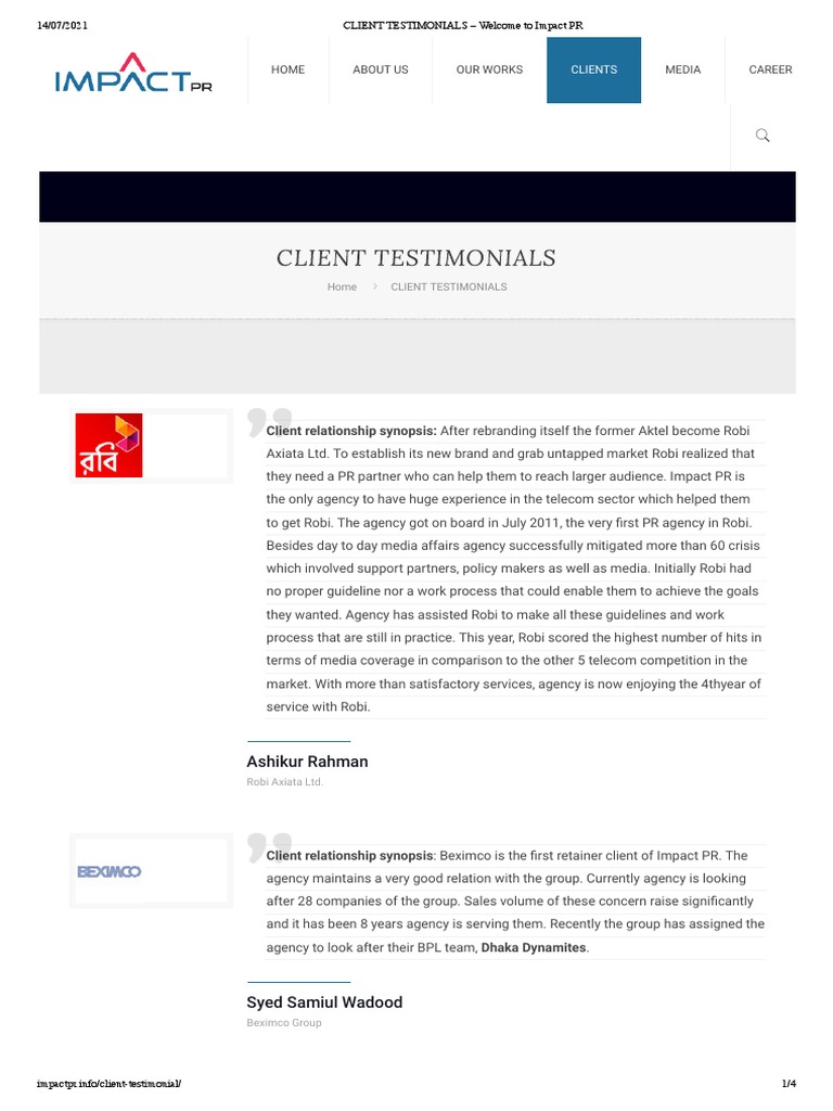 CLIENT TESTIMONIALS - Welcome To Impact PR | PDF | Mass Media | Public ...