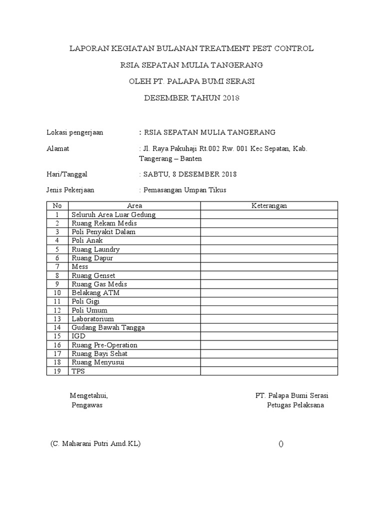 Laporan Kegiatan Bulanan Treatment Pest Control | PDF