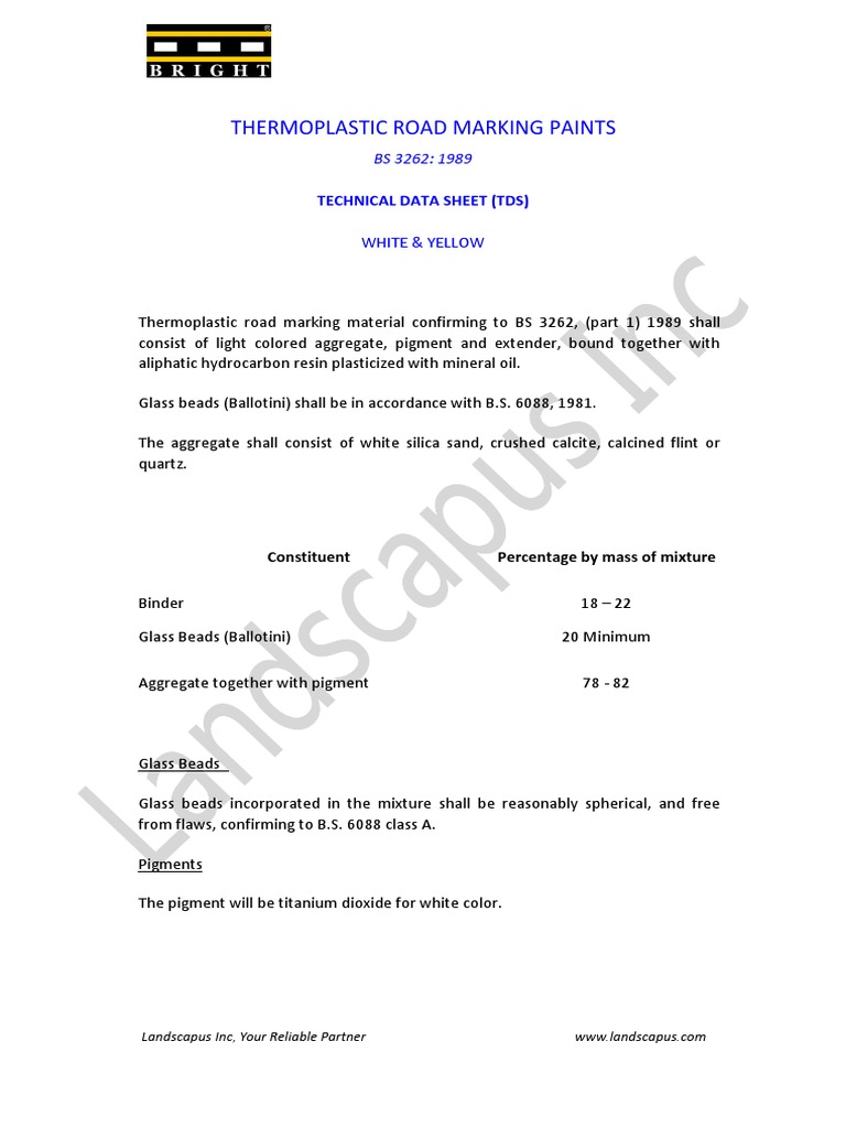 Thermoplastic Road Marking Paint Technical Data Sheet | PDF | Glasses ...