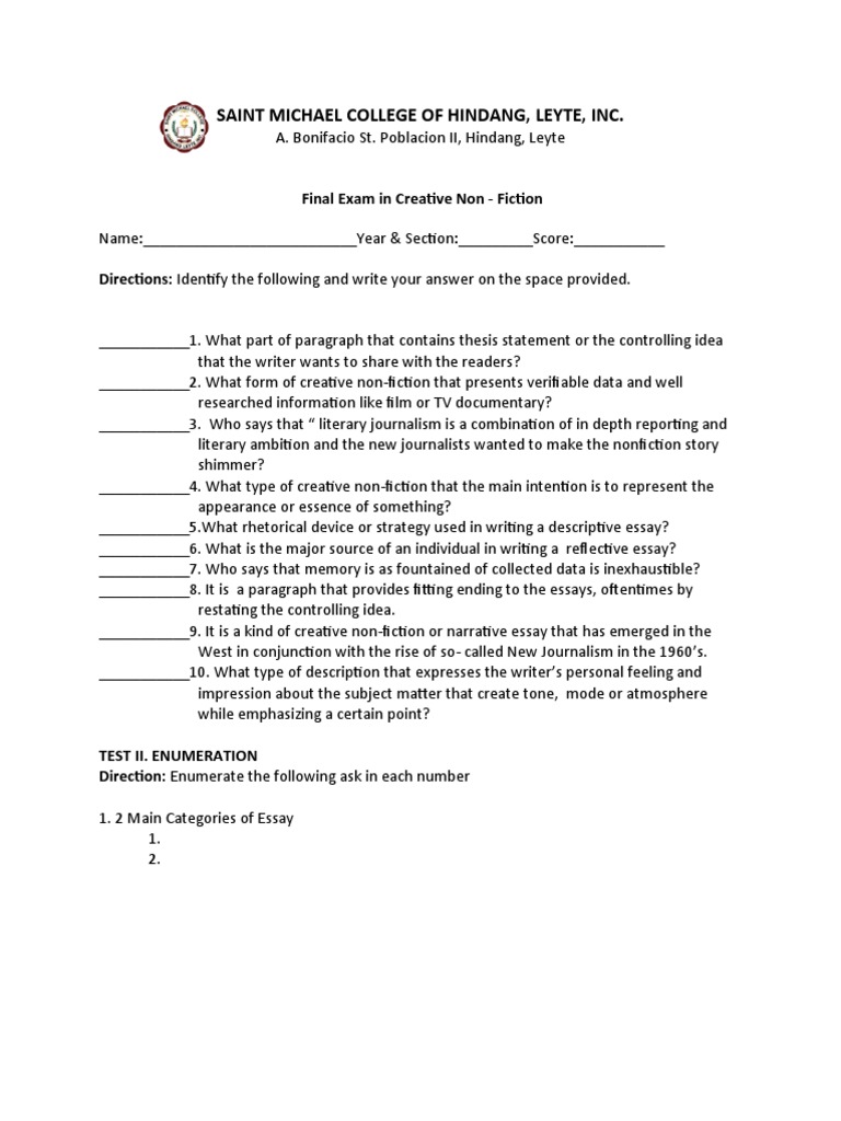 Creative Non-Fiction Exam Guide | PDF | Creative Nonfiction | Essays