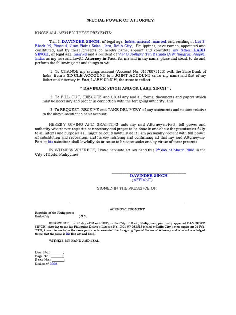 SPA (Form) - Bank | PDF | Power Of Attorney | Common Law