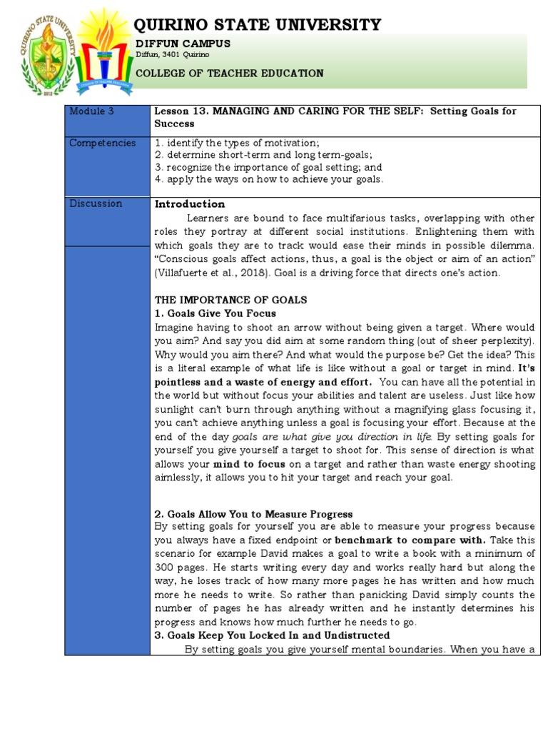 Understanding The Self: Module 3 Lesson 13 | PDF | Self Efficacy | Goal