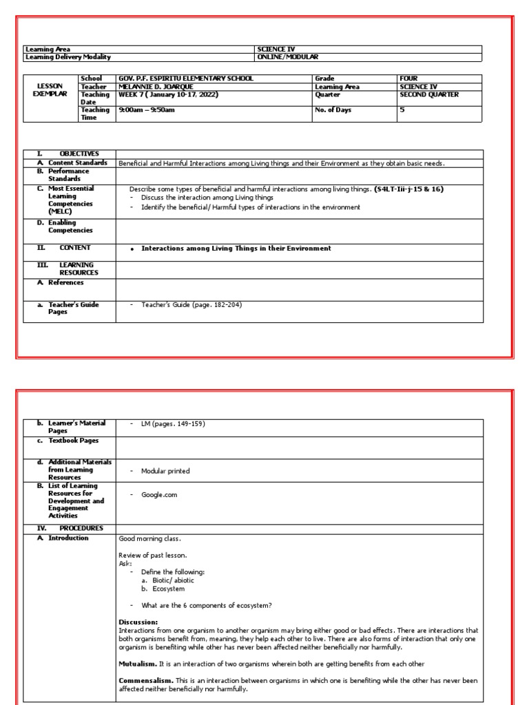 Lesson Exemplar Science 4 Cot1 | PDF | Learning | Predation