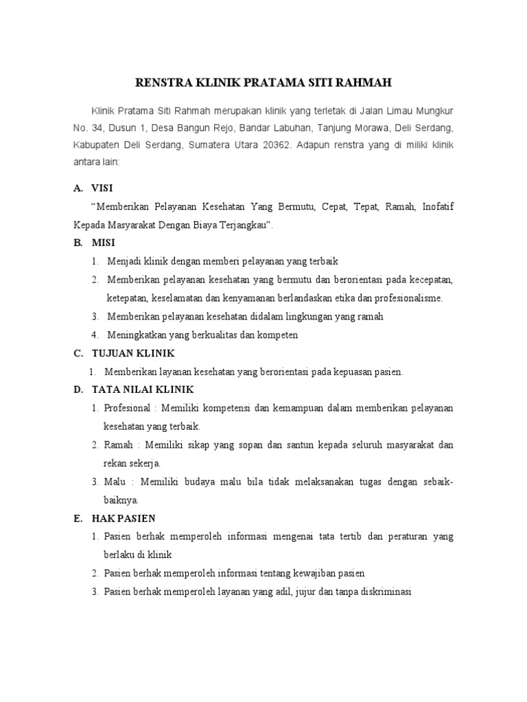 Rencana Strategis Klinik Pratama Siti Rahmah Pdf