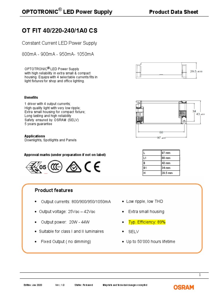 OT FIT 40/220-240/1A0 CS: Optotronic LED Power Supply | PDF | Power Supply | Mains Electricity