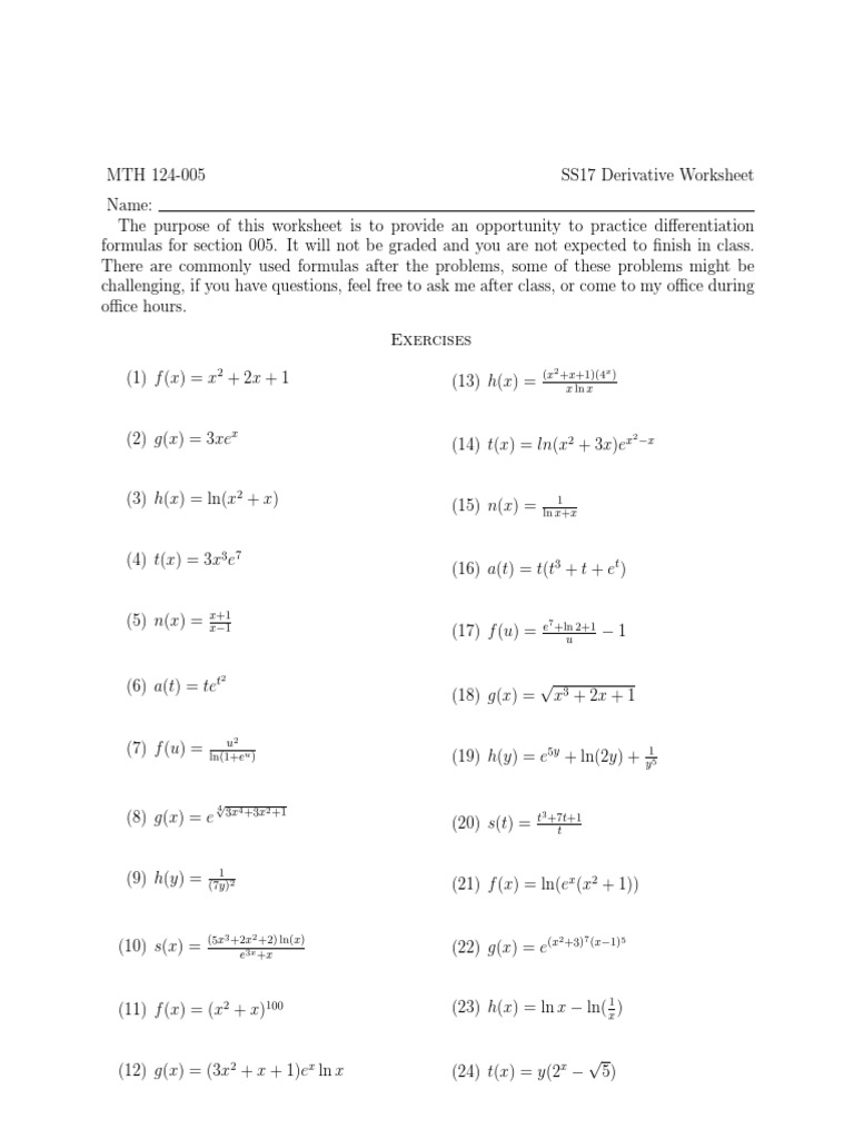 SS17 124 Derivative WS | PDF | Functions And Mappings | Mathematical Objects
