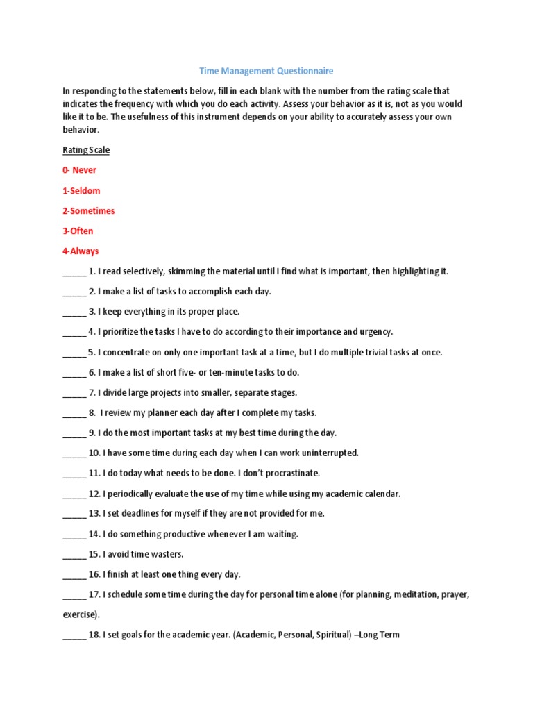 0-Never 1-Seldom 2-Sometimes 3-Often 4-Always: Time Management ...