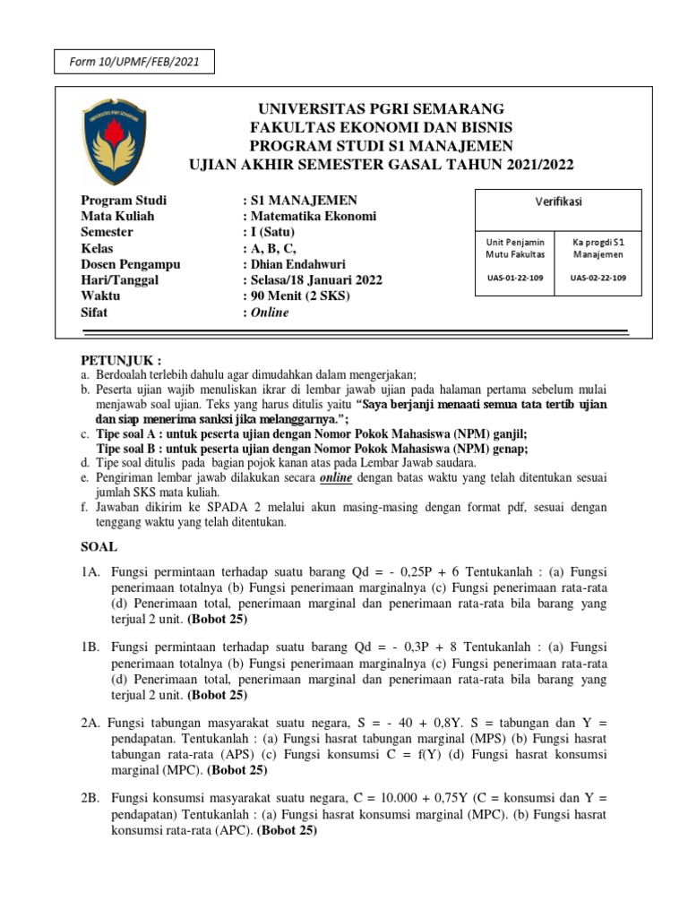 109 Verifikasi Soal Uas Matek A B C D e F Bu Dhian | PDF
