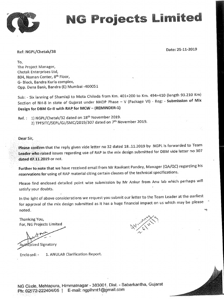 Letter - 38 - Submission of Mix Design For DBM Gr-II With RAP For MCW ...