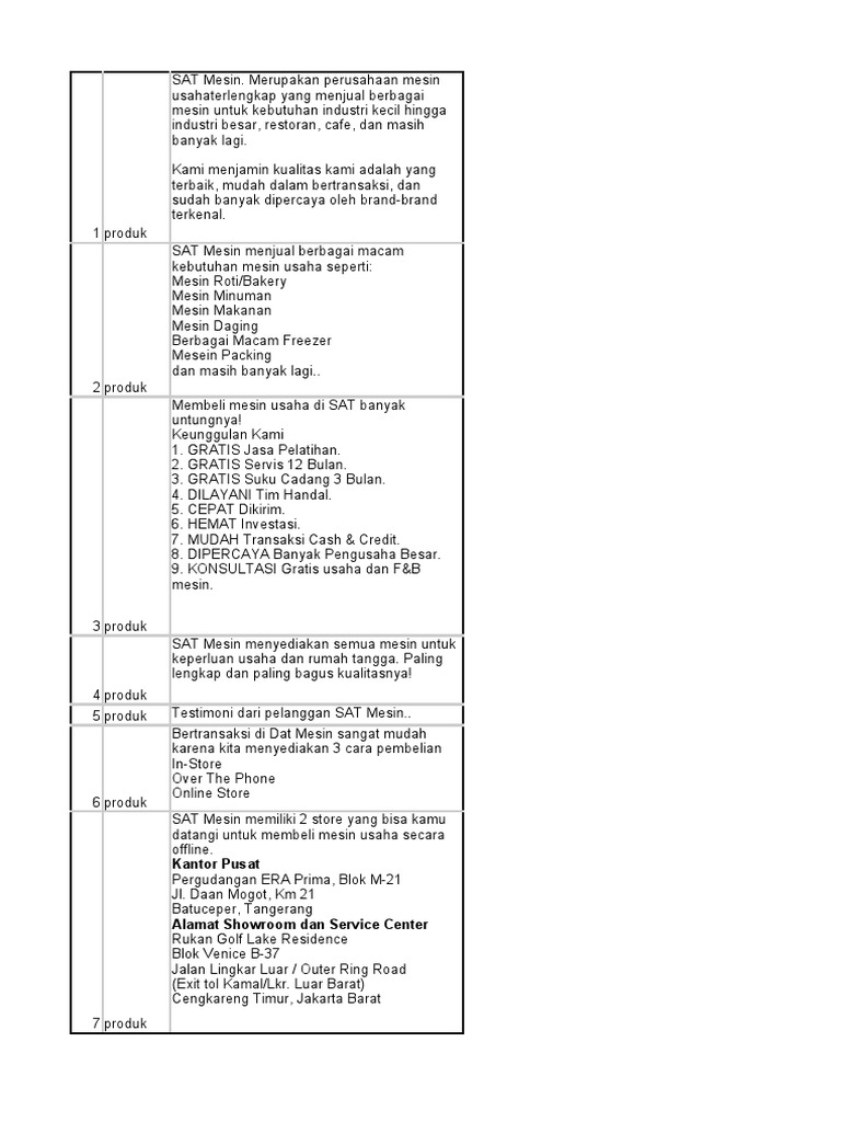 Mesin Usaha Terlengkap di SAT Mesin | PDF