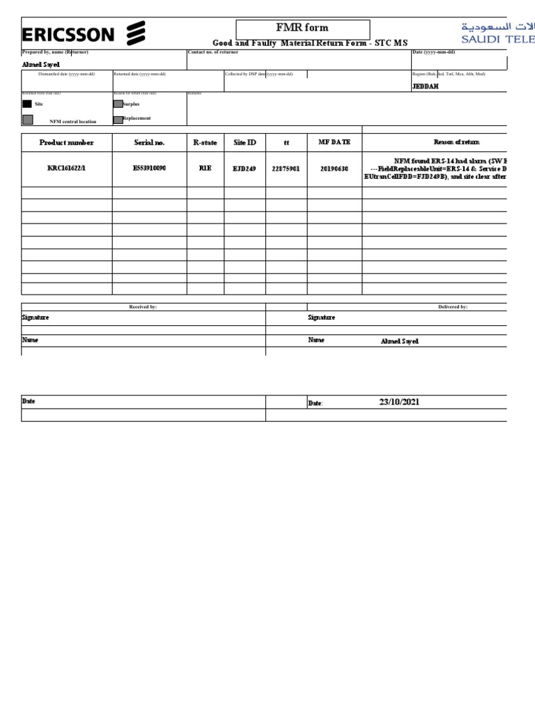 FMR Form: Good and Faulty Material Return Form - STC MS | PDF ...