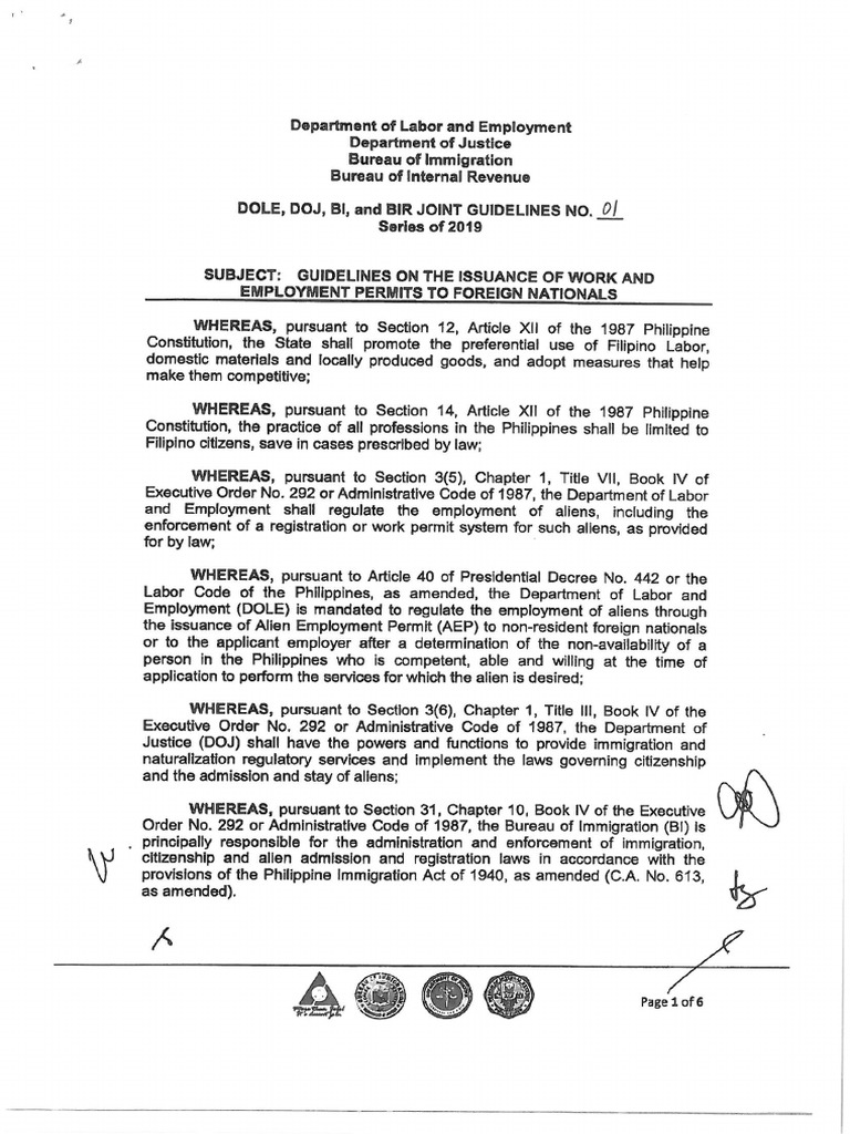 DOLE, DOJ, BI and BIR Joint Guidelines No. 1 or Guidelines On The Issuance of Work and ...