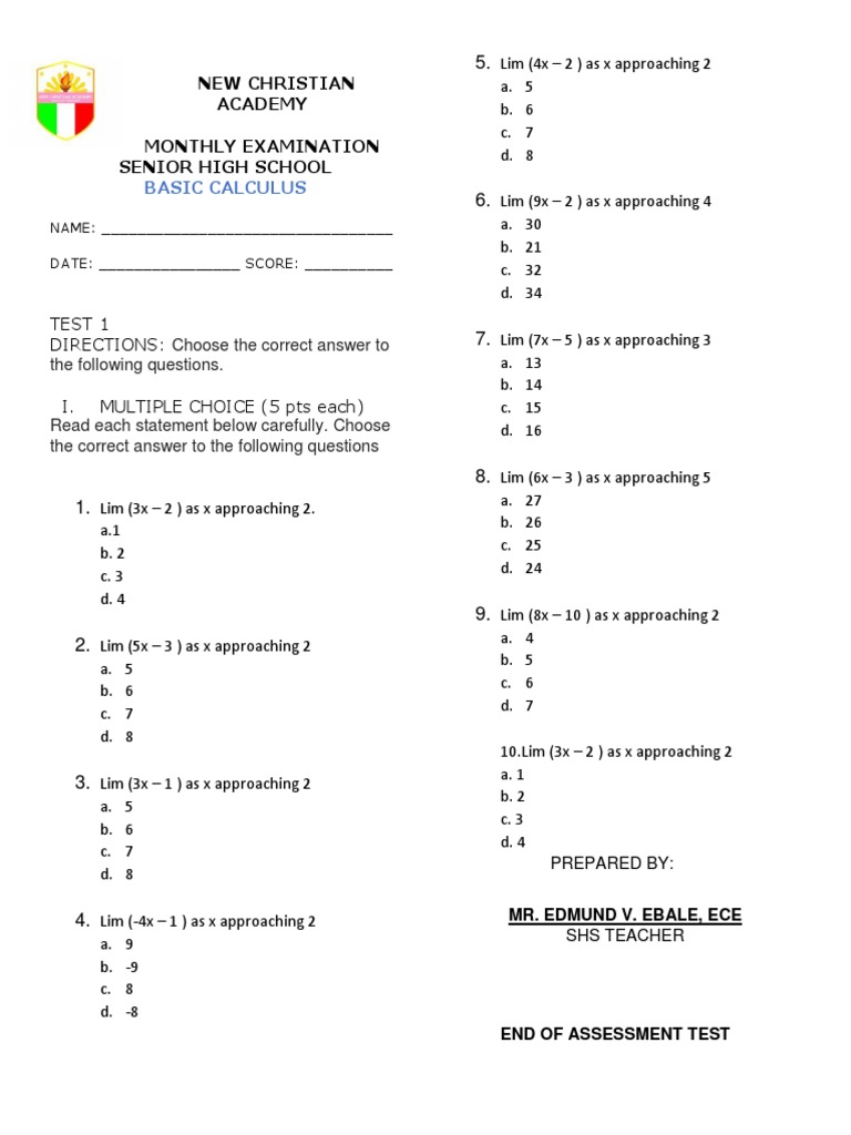 Grade 11 Basic Calculus Exam | PDF