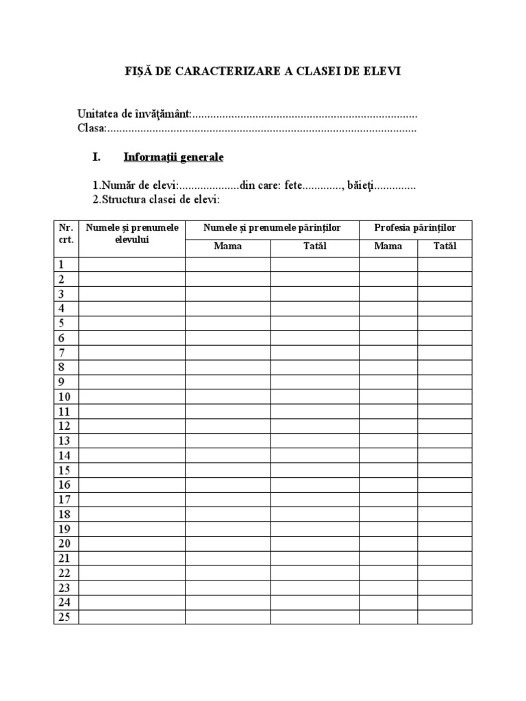 Fisa Caracterizare A Clasei de Elevi | PDF