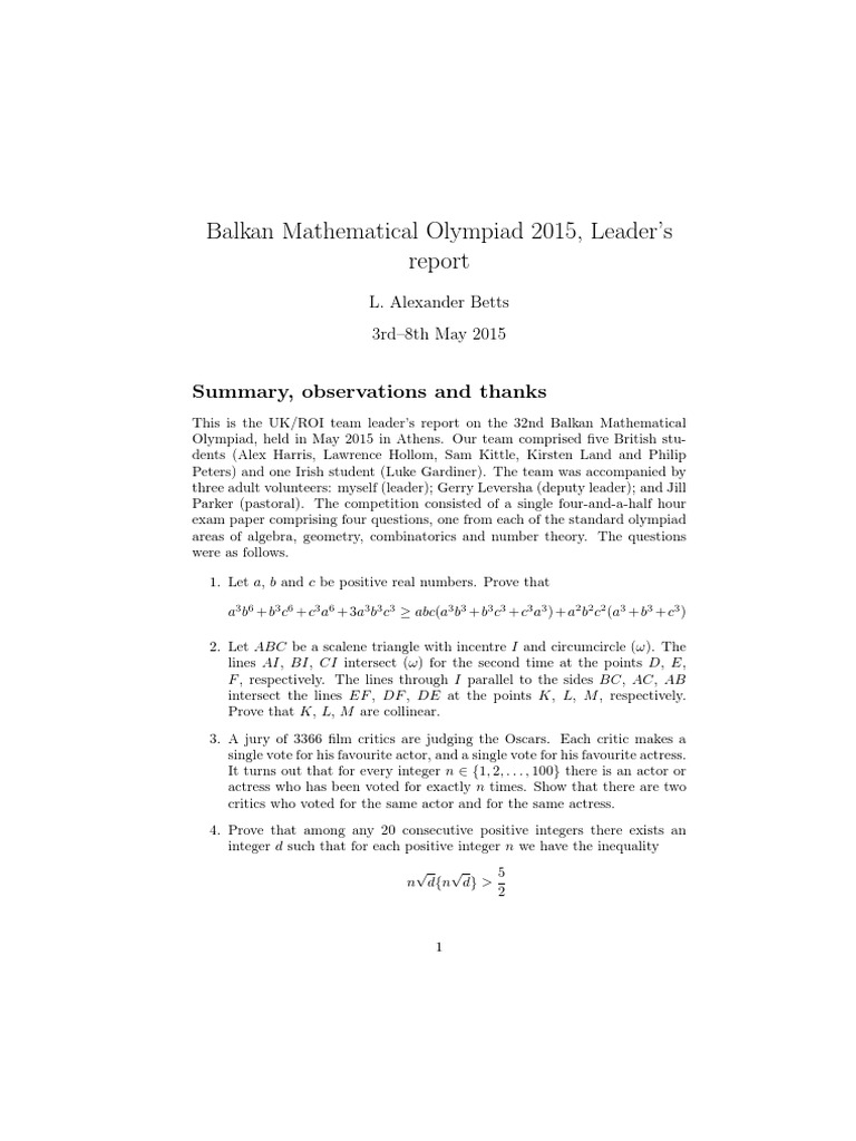 Balkan Mathematical Olympiad 2015, Leader's: Summary, Observations and ...