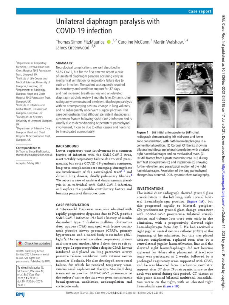 Unilateral Diaphragm Paralysis With COVID-19 Infection | PDF ...