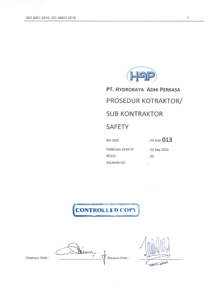 PR - HSE.013 Prosedur Kontraktor, Sub Kontraktor Safety Rev.00 | PDF