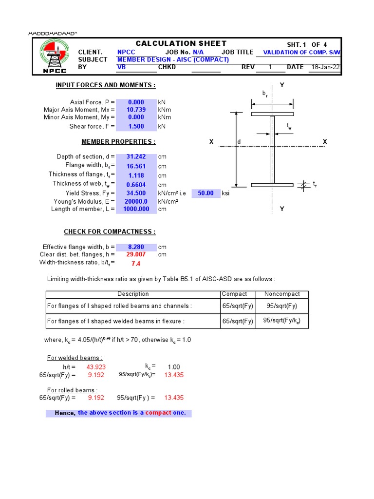 Comprehensive Calculation Sheet for Validation of Compact Steel Member ...