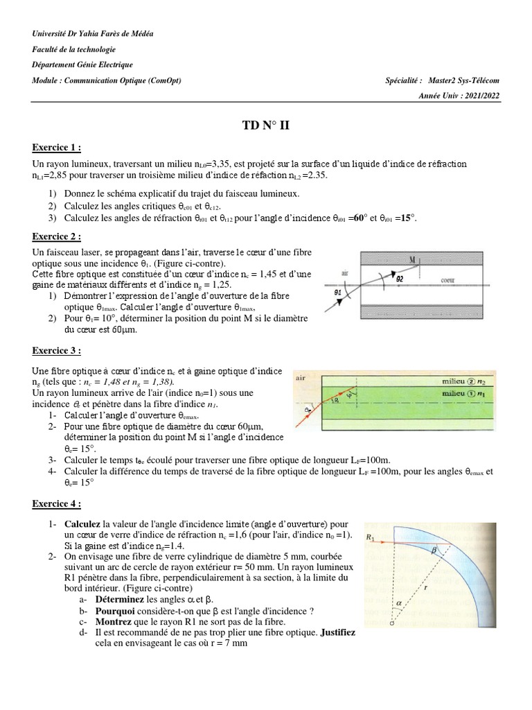 TD02 ComOpt M2 Télécom 2021-2022 | PDF | Indice de réfraction | Fibre optique