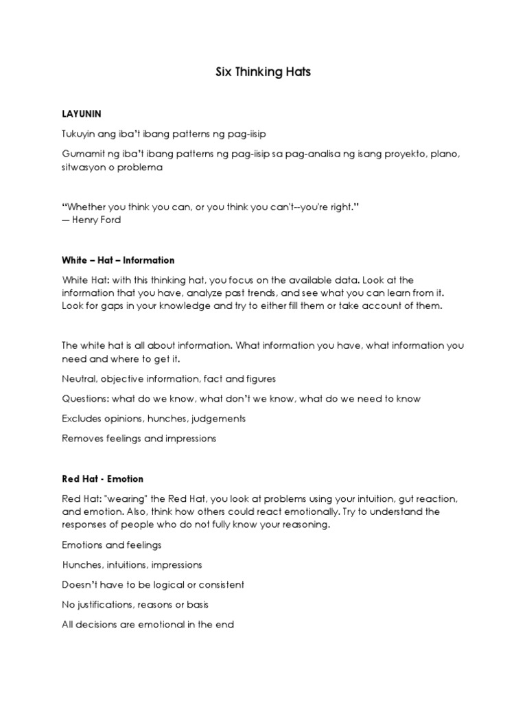 Six Thinking Hats | Download Free PDF | Intuition | Feeling