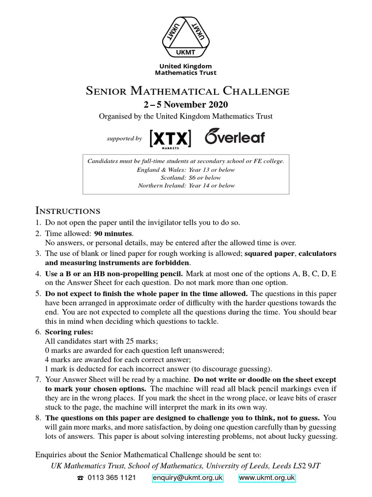 Senior Mathematical Challenge: Instructions | PDF | Mathematics ...