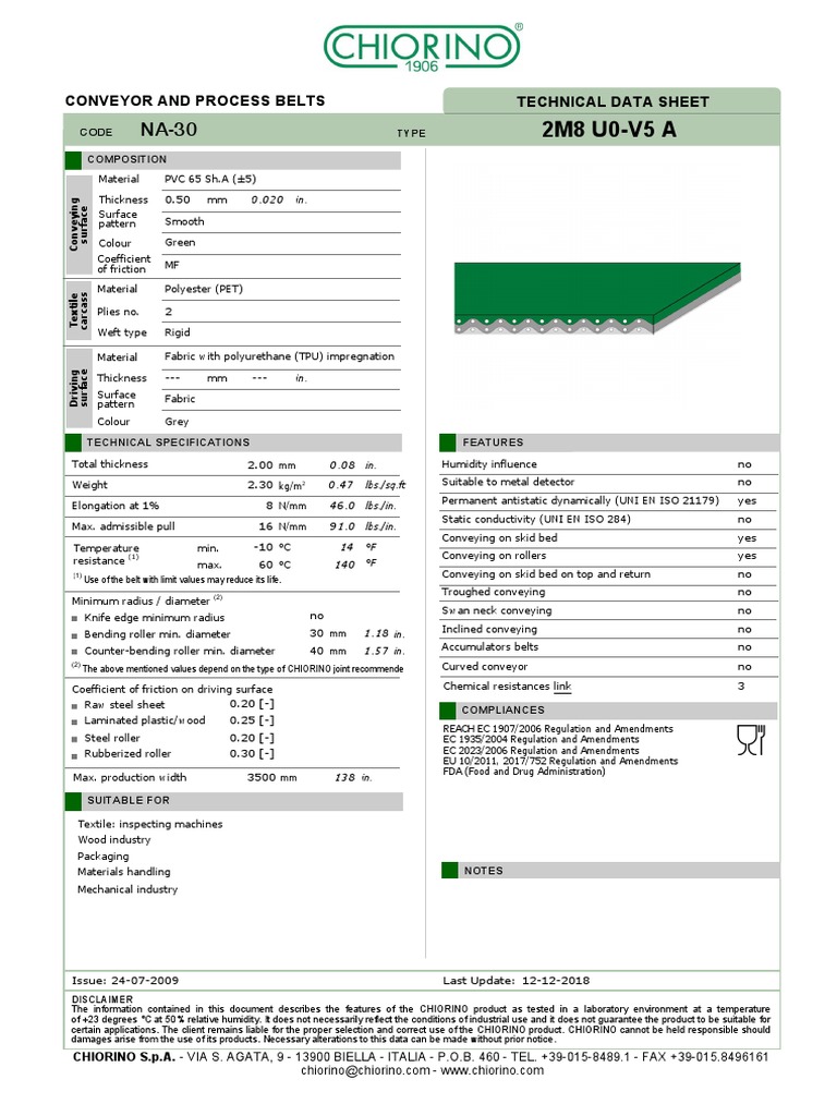2M8 U0-V5 A: Technical Data Sheet Conveyor and Process Belts | PDF ...