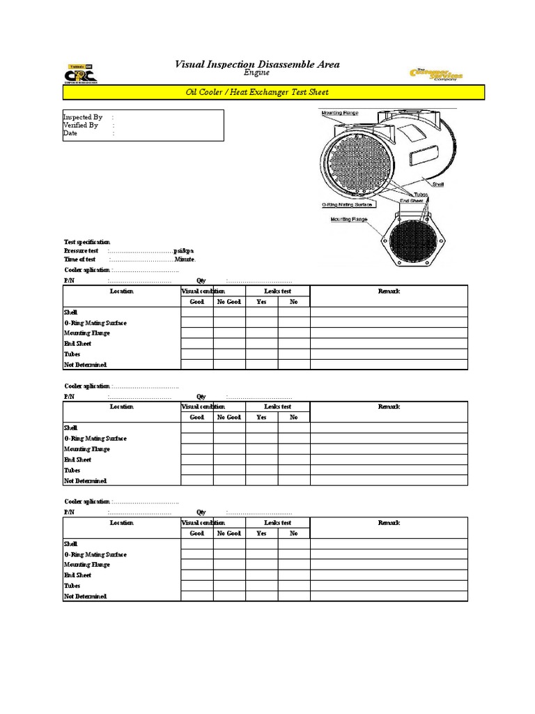 Visual Inspection Disassemble Area: Engine Oil Cooler / Heat Exchanger ...