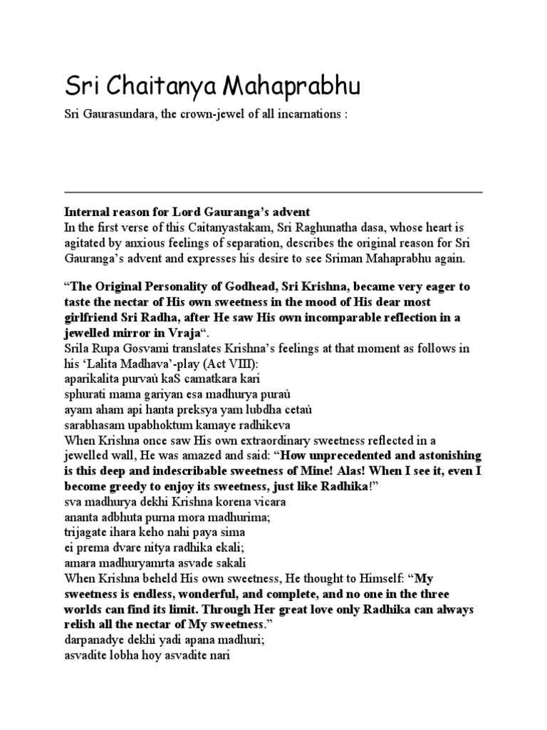 The Advent of Sri Chaitanya Mahaprabhu: Exploring the Internal and External Reasons for His ...