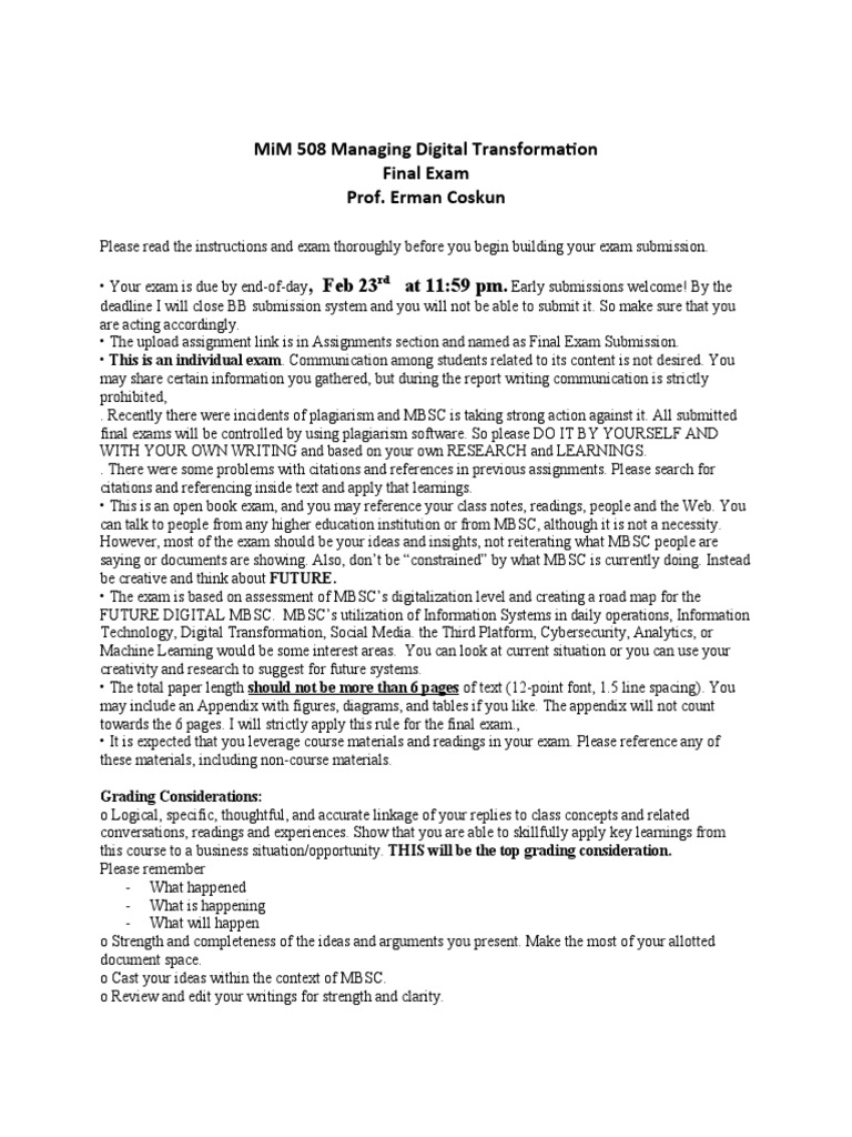 Mim 508 Managing Digital Transformation Final Exam Prof. Erman Coskun ...