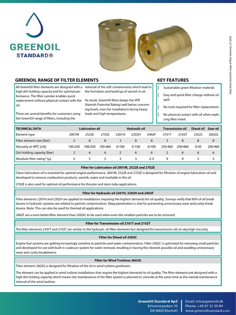 Data Sheet GreenOil Range of Filter Elements - 01.2020 | PDF