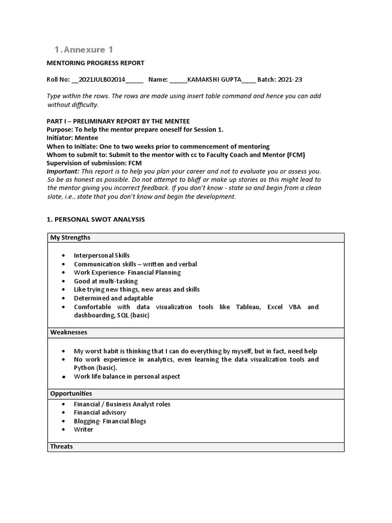 Annexure 1 - SWOT, Purposing & I Will Statement | PDF | Mentorship ...