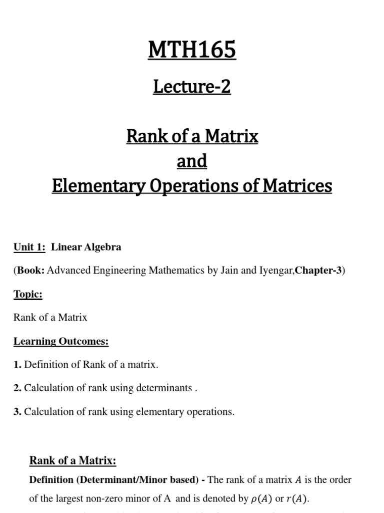Rank of a Matrix and Operations | PDF | Teaching Methods & Materials ...